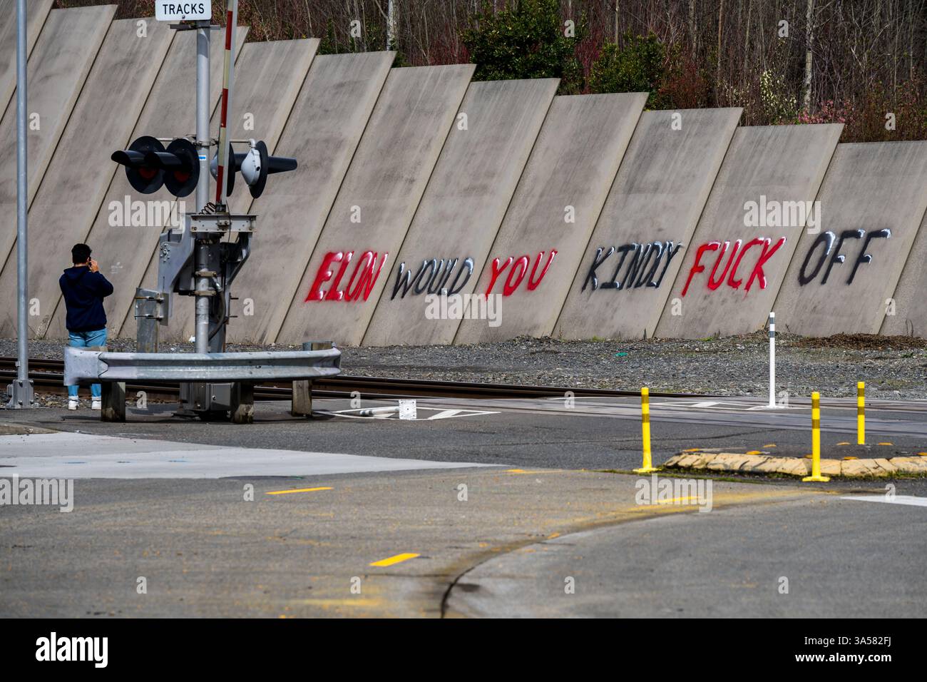 Seattle, USA. 21st Mar 2025. Anti Elon Musk graffiti on the Seattle ...