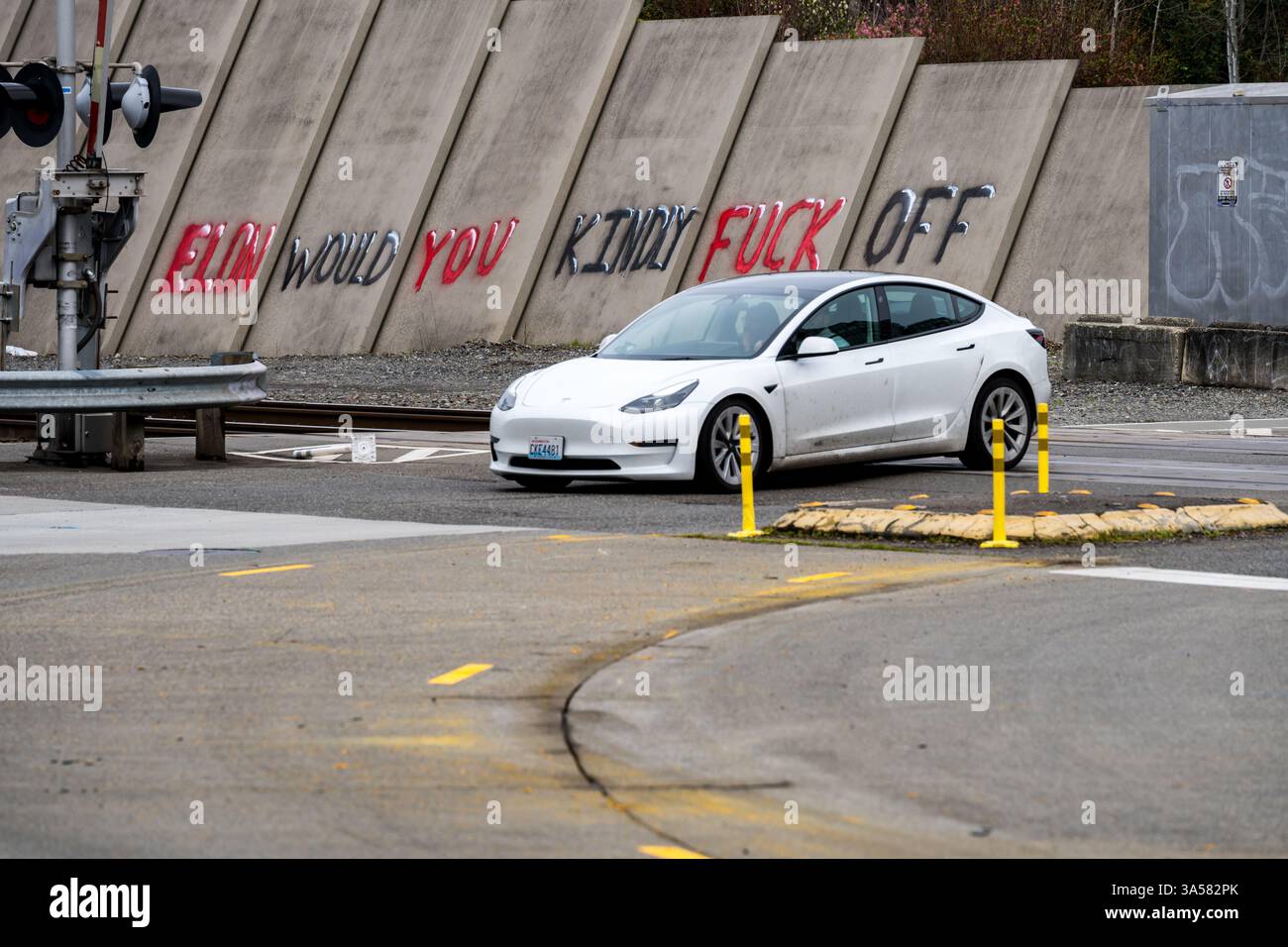 Seattle, USA. 21st Mar 2025. Anti Elon Musk graffiti on the Seattle ...