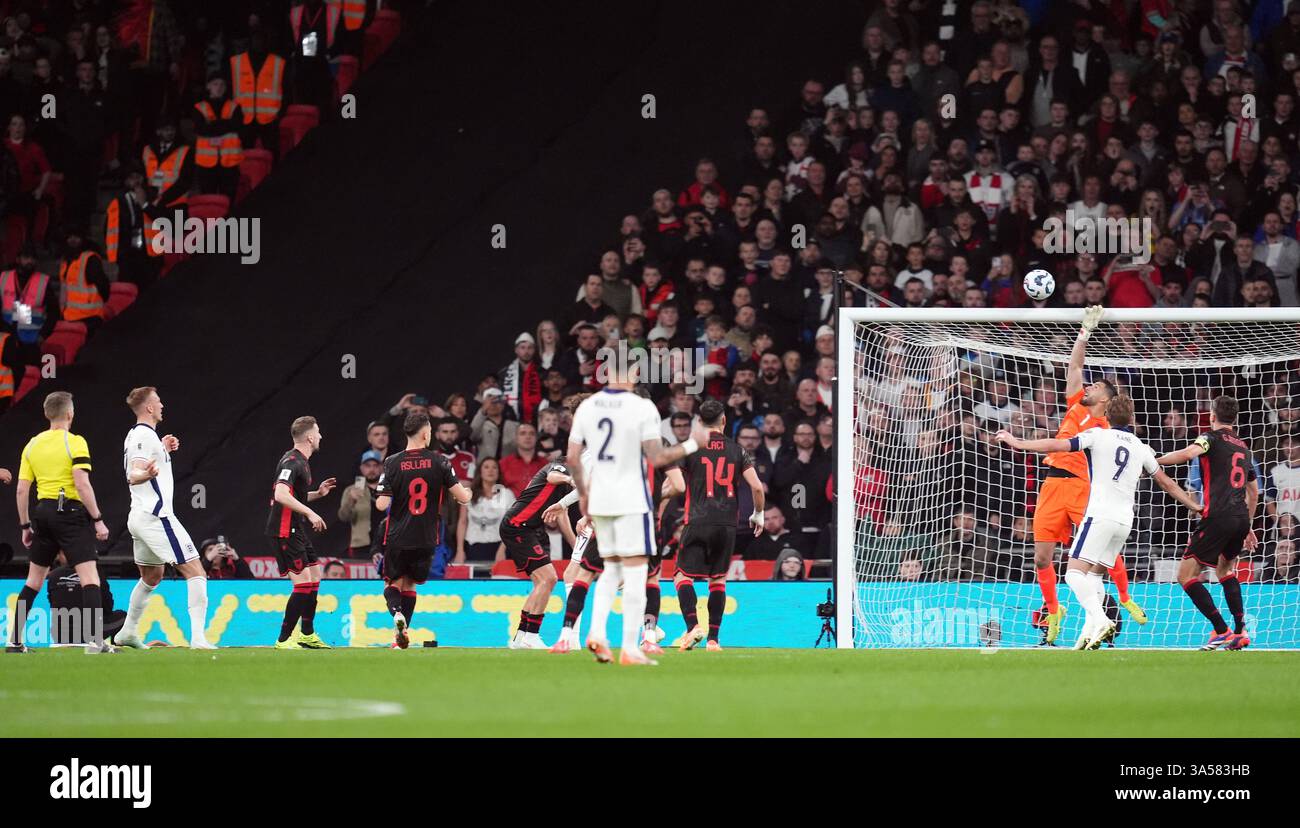 England's Dan Burn hits the crossbar with a header during the 2026 FIFA ...