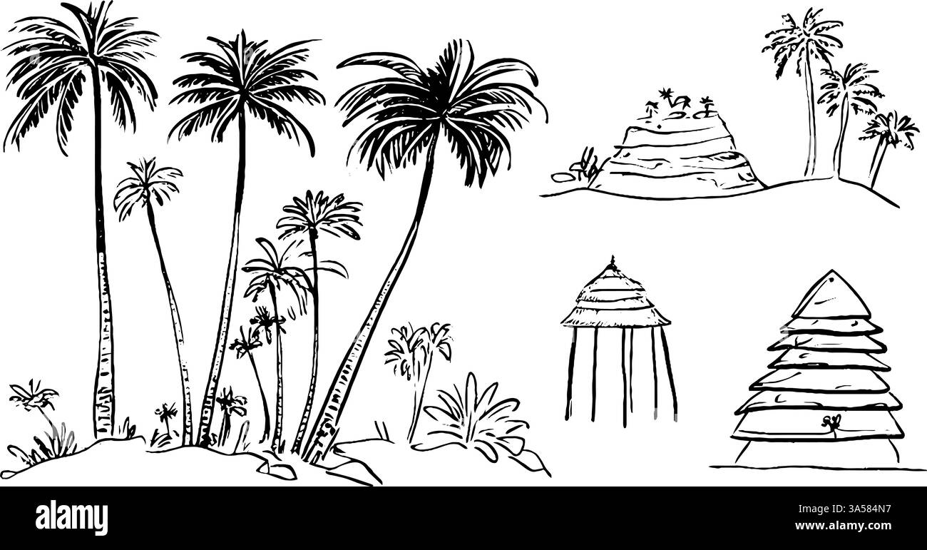 A collection of hand-drawn tropical elements including palm trees ...