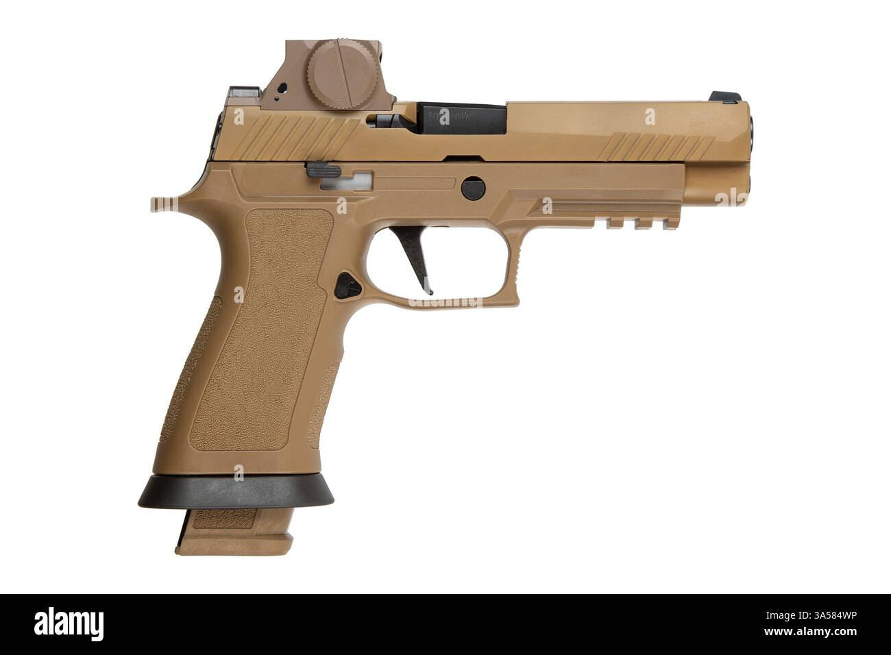 Tan handgun with a mounted red dot sight, textured grip, and visible ...