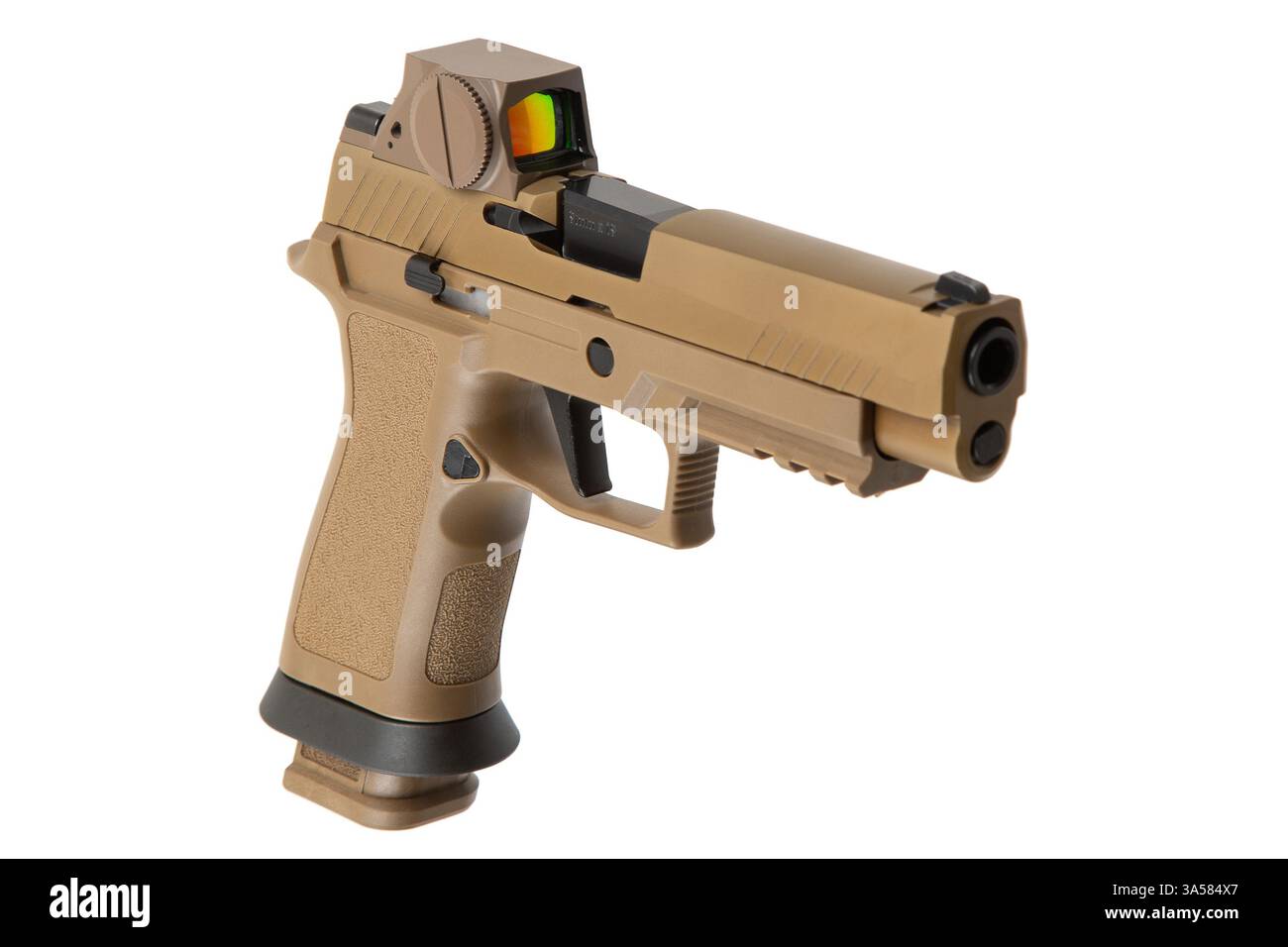 Tan handgun with a mounted red dot sight, textured grip, and visible ...