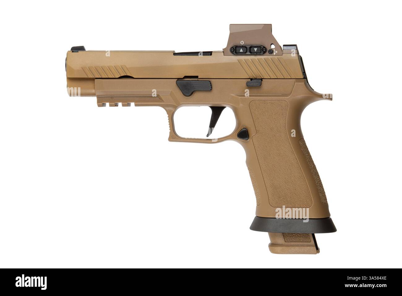 Tan handgun with a mounted red dot sight, textured grip, and visible ...