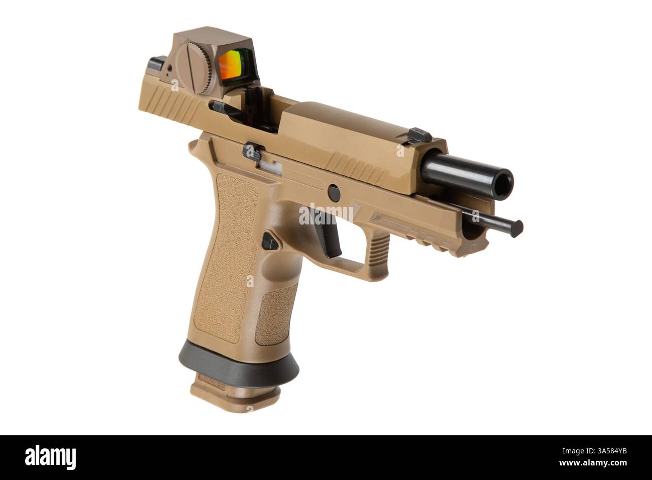 Tan handgun with a mounted red dot sight, textured grip, and visible ...