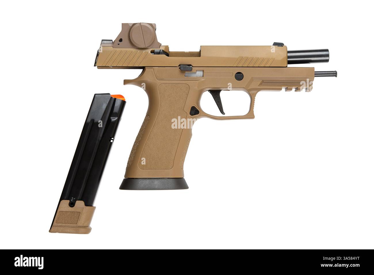 Tan handgun with a mounted red dot sight, textured grip, and visible ...