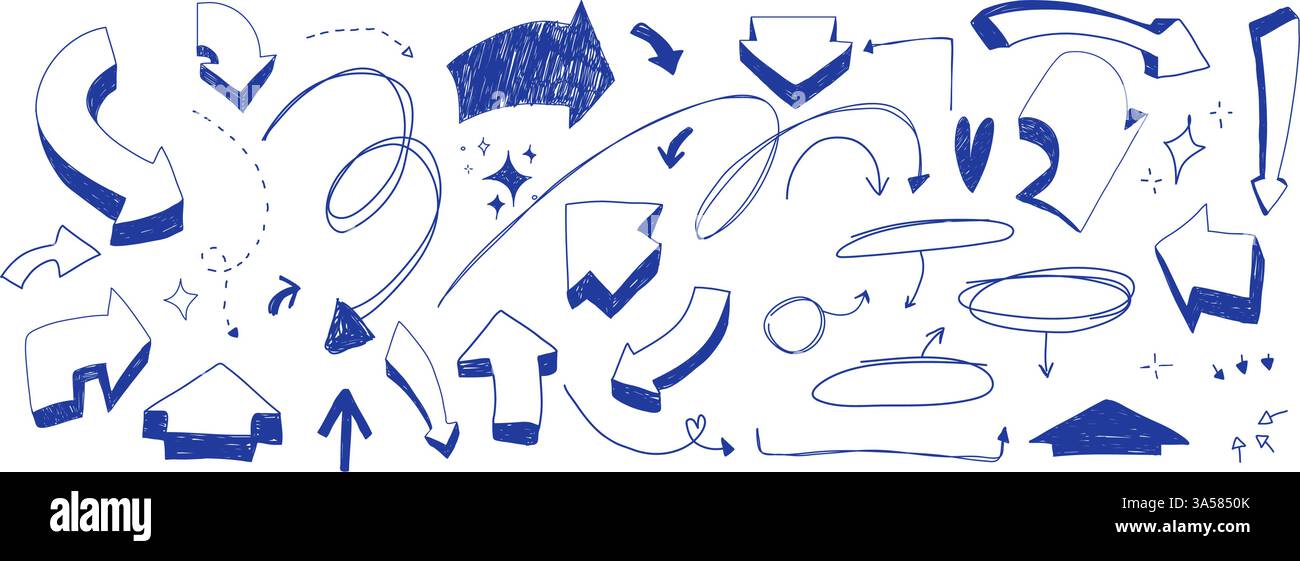 Set of handdrawn scribble arrows. Squiggly line strokes. Doodle ...