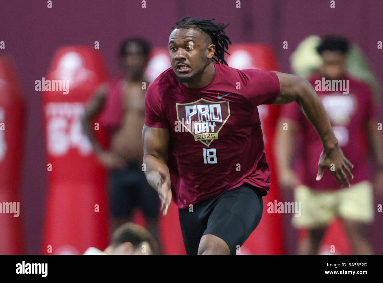 Florida State linebacker Cam Riley runs a 40-yard dash during the ...