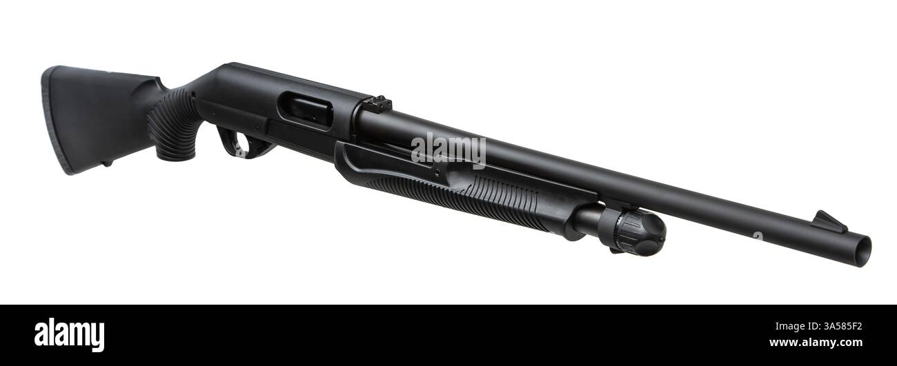 A black pump-action shotgun with a synthetic stock and fore-end ...