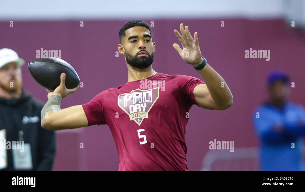 Florida State quarterback DJ Uiagalelei runs a drill at the school's ...
