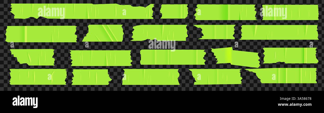 A set of acid green pieces of torn scotch tape. Trendy elements for ...