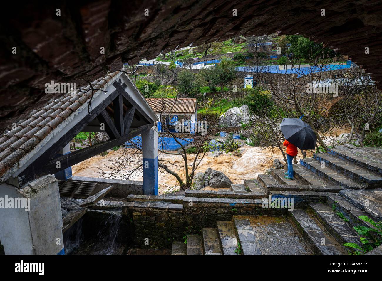 torrential rain and swollen river, Ras el Maa fountain , Chefchaouen ...
