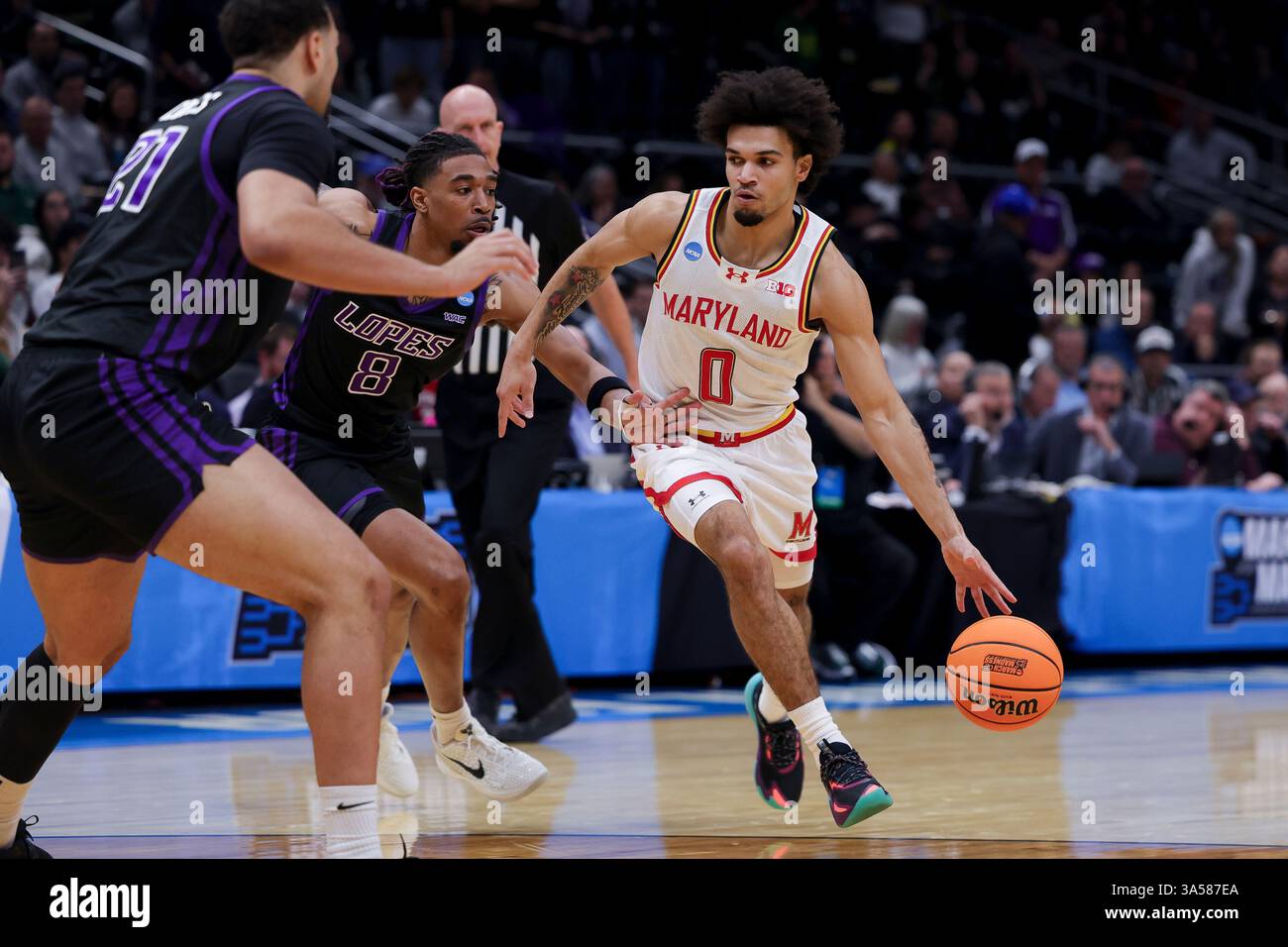 Maryland guard Ja'Kobi Gillespie, right, drives against Grand Canyon ...