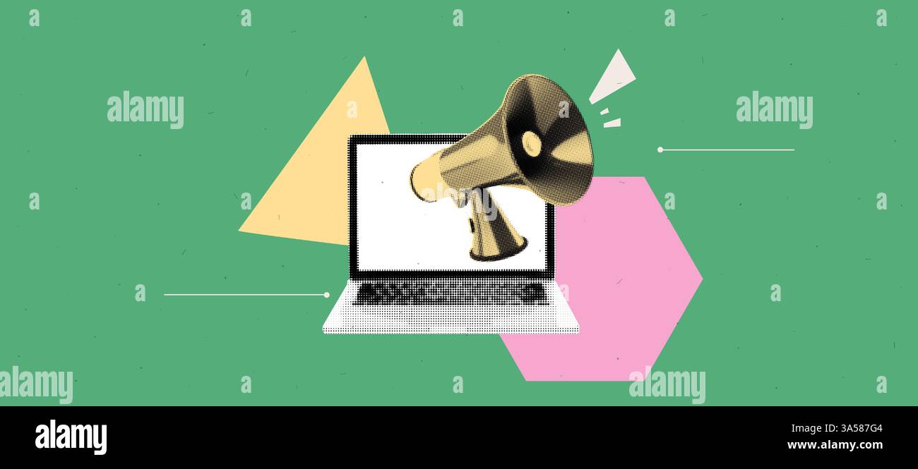 Green banner in popart style with halftone elements as a loudspeaker ...