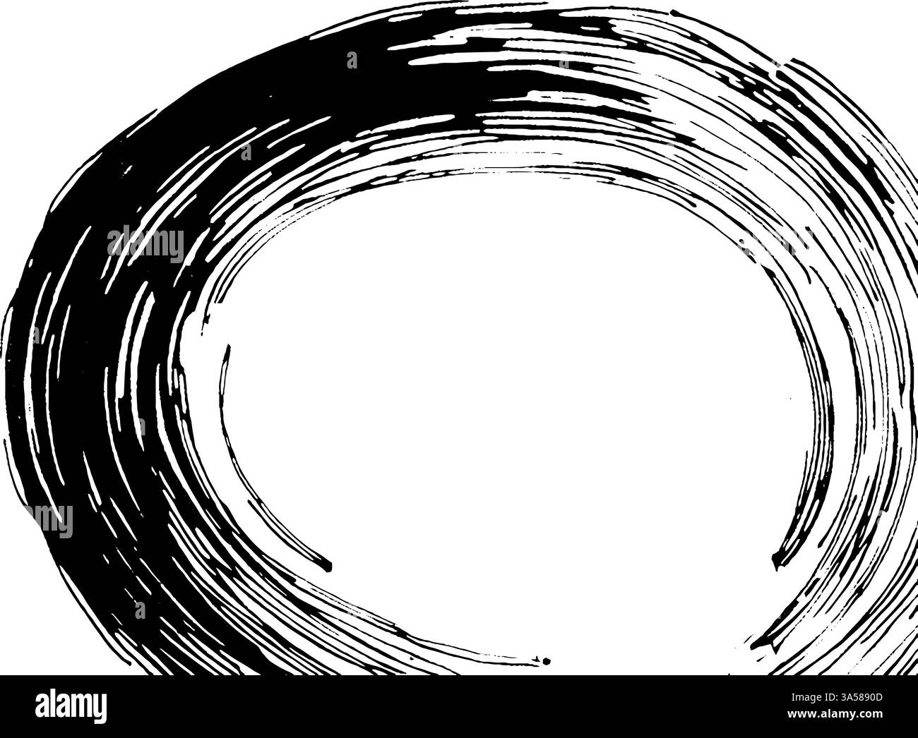 A bold, circular brush stroke in black, creating an artistic and ...