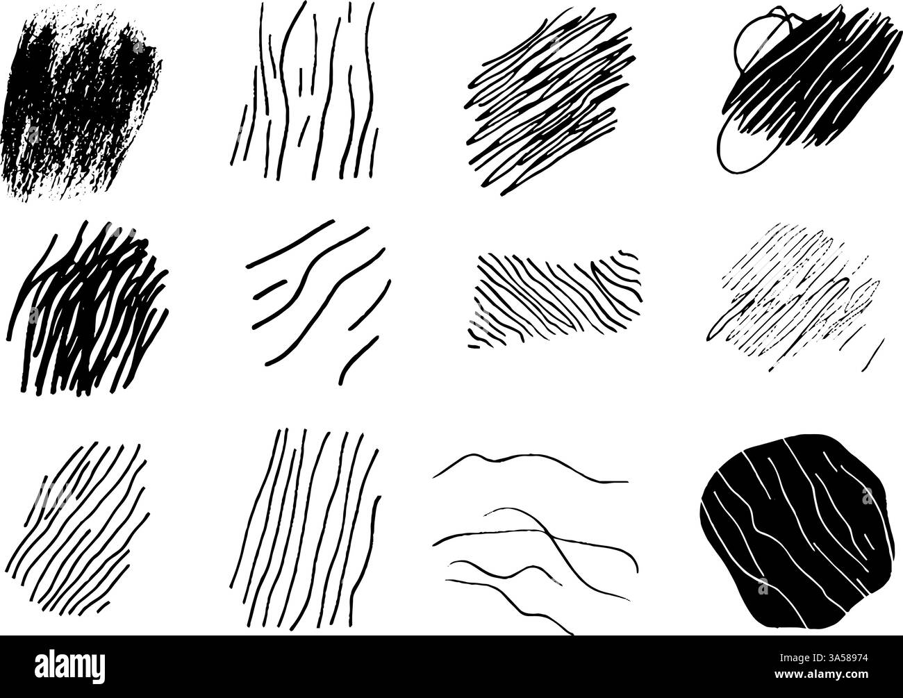 A collection of abstract black and white textures featuring various line patterns and strokes ...