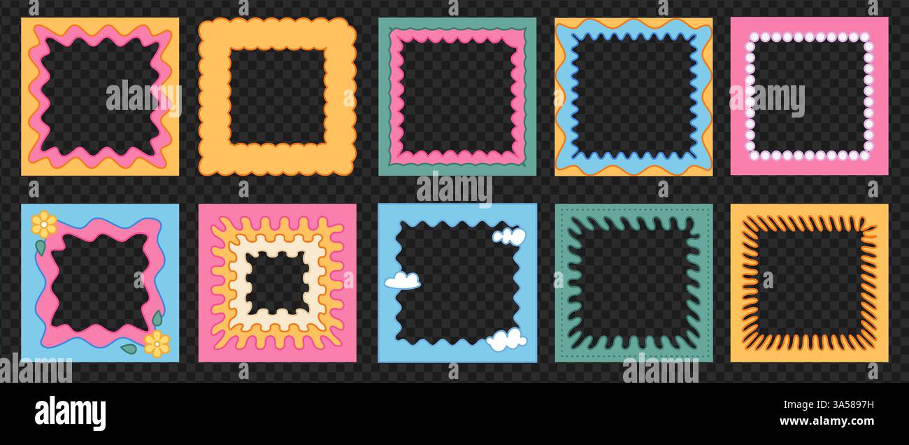 Set of border square frames with groovy elements. Text boxes on ...