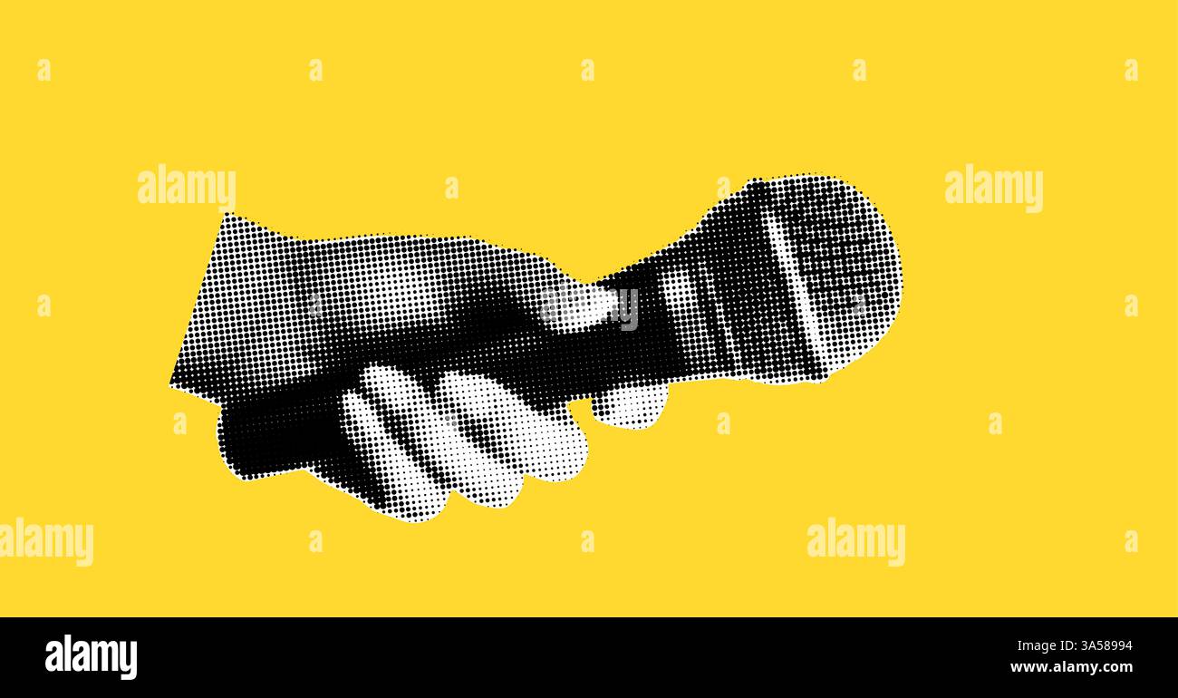 A hand holds a microphone. Collage element in halftone effect. Pop art ...