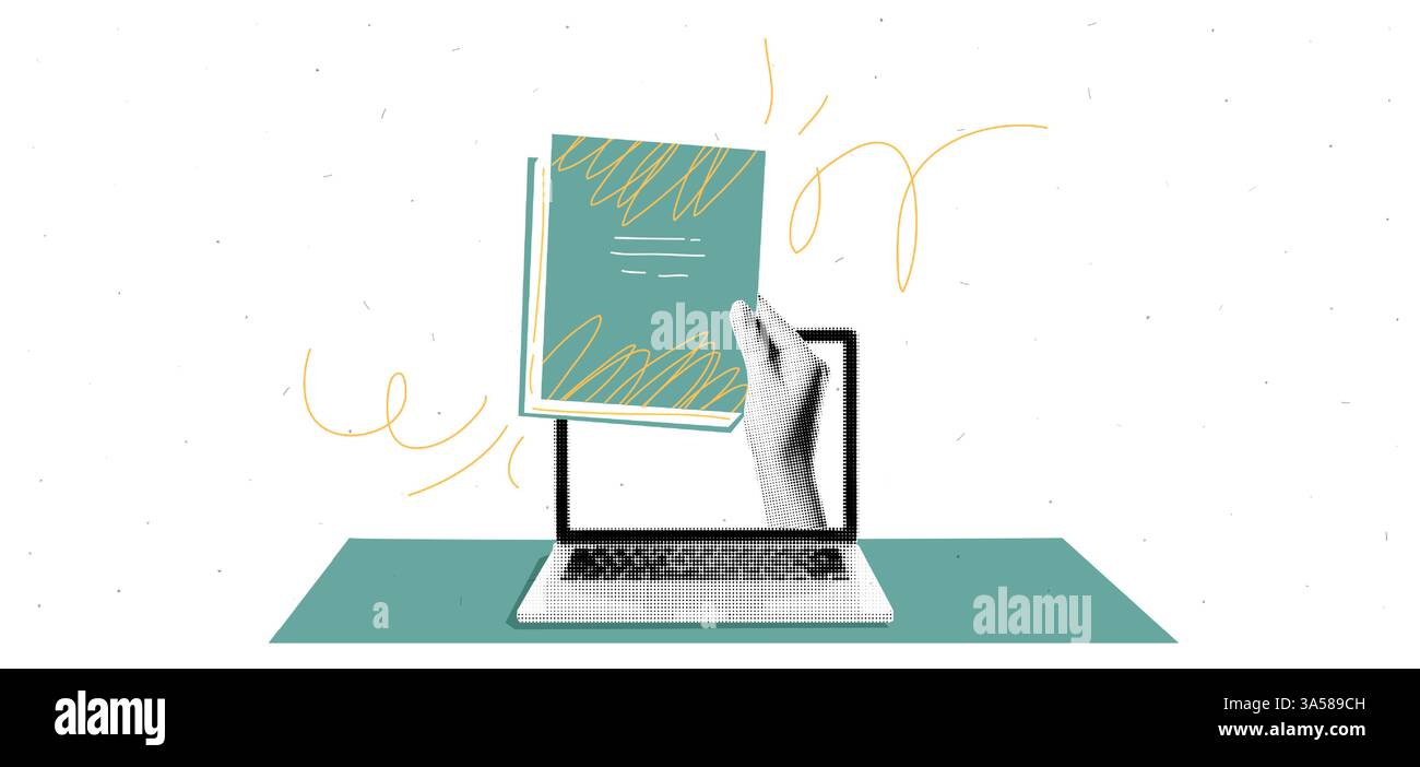 Collage graphic design banner with laptop mockup and hand with books ...