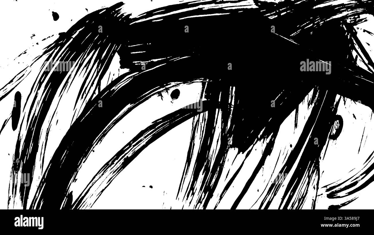 An abstract black and white painting featuring bold, sweeping brush strokes and splatters. The ...