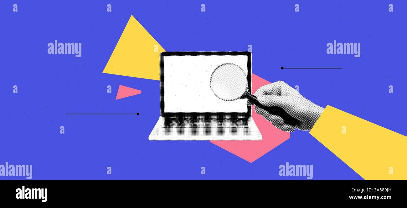 Geometric abstract bg with halftone collage elements. Hand hold ...