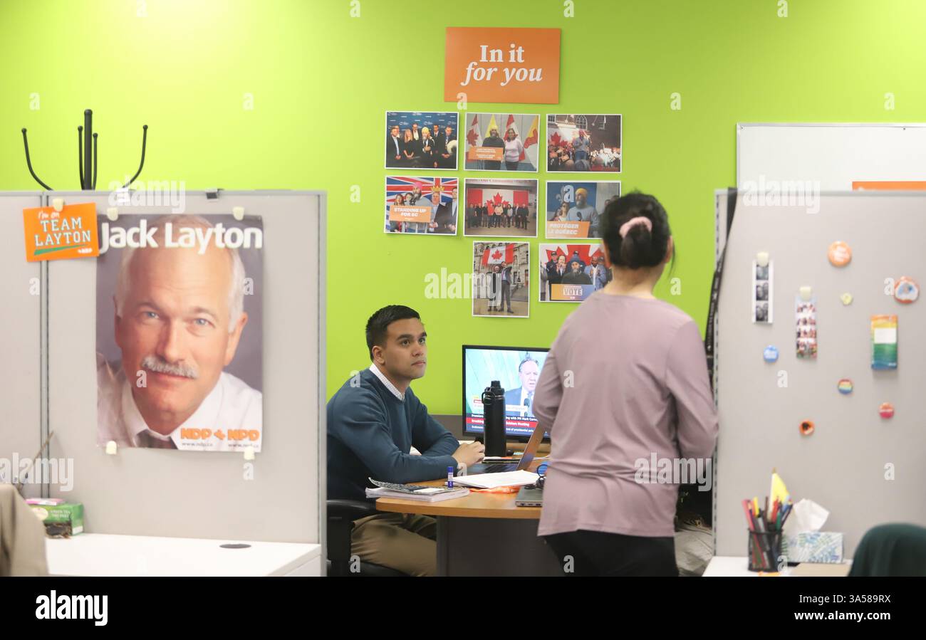 New Democratic Party campaign team members work at the NDP headquarters ...