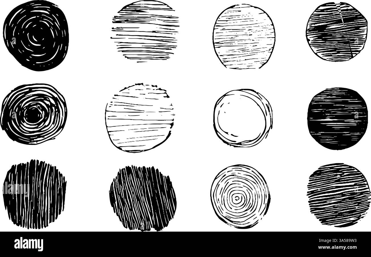 A collection of twelve circular patterns in black and white, featuring ...