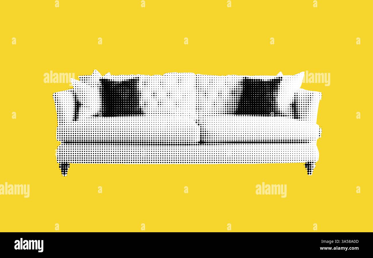 Collage of a stylish halftone sofa against a vibrant yellow backdrop ...
