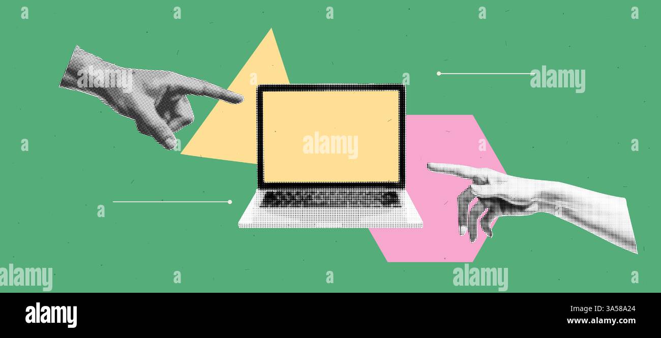 Pop art collage banner with two hand are touching a laptop mockup with ...