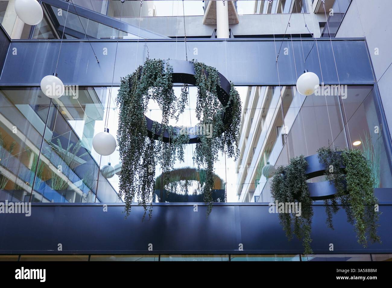 Modern contemporary building with growing, hanging green plants ...