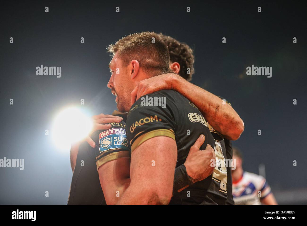 Ed Chamberlain of Hull FC celebrates his try during the Betfred Super ...