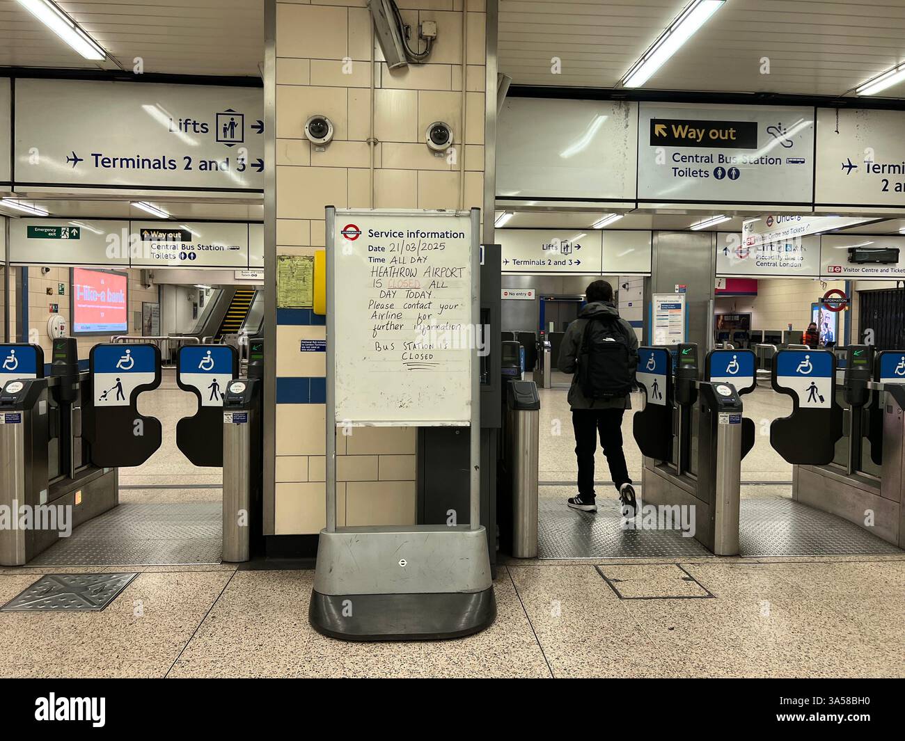 A notice board at a tube station at Heathrow Airport in London. British ...