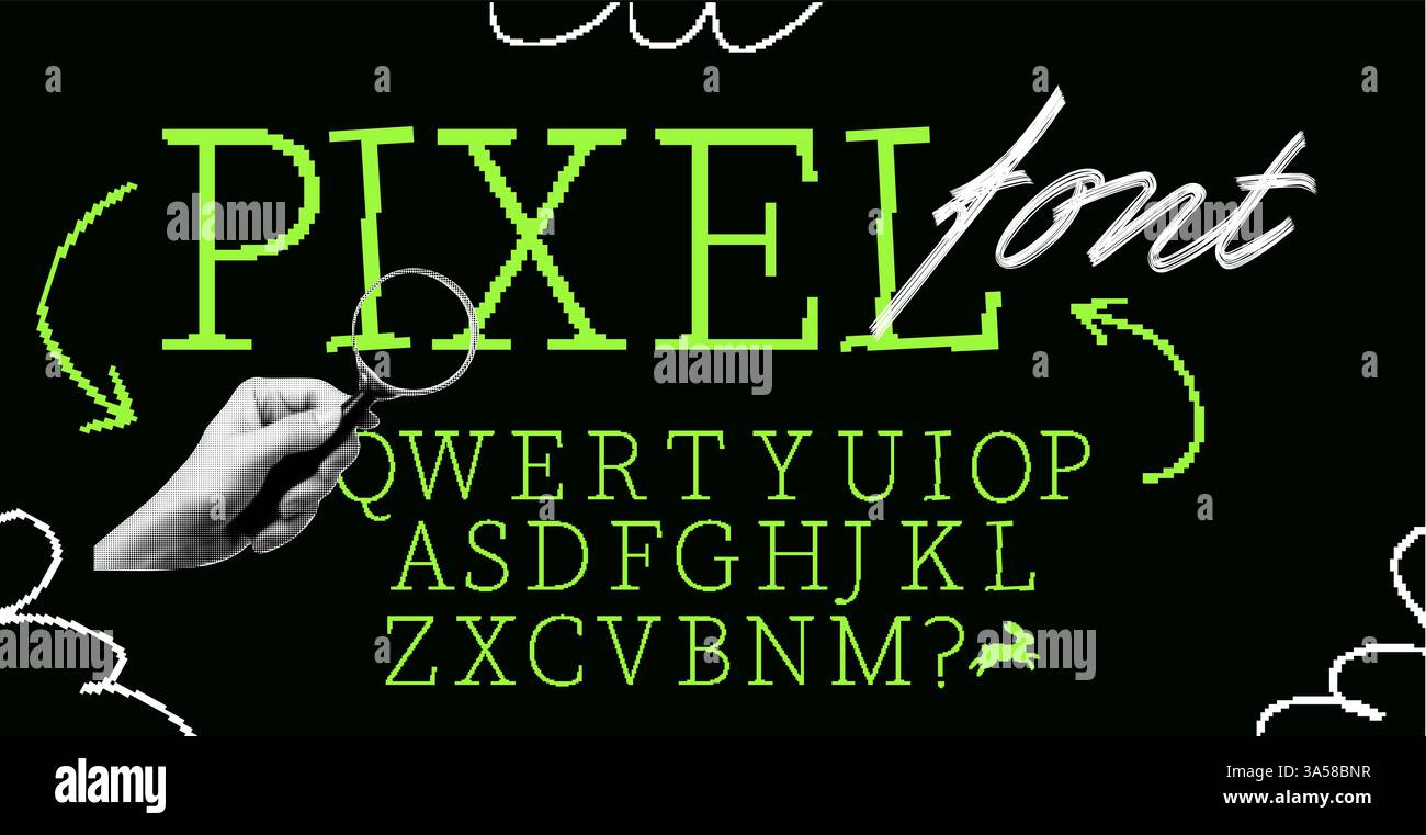 Pixel font and keyboard set in 8-bit green style. Retro alphabet and ...