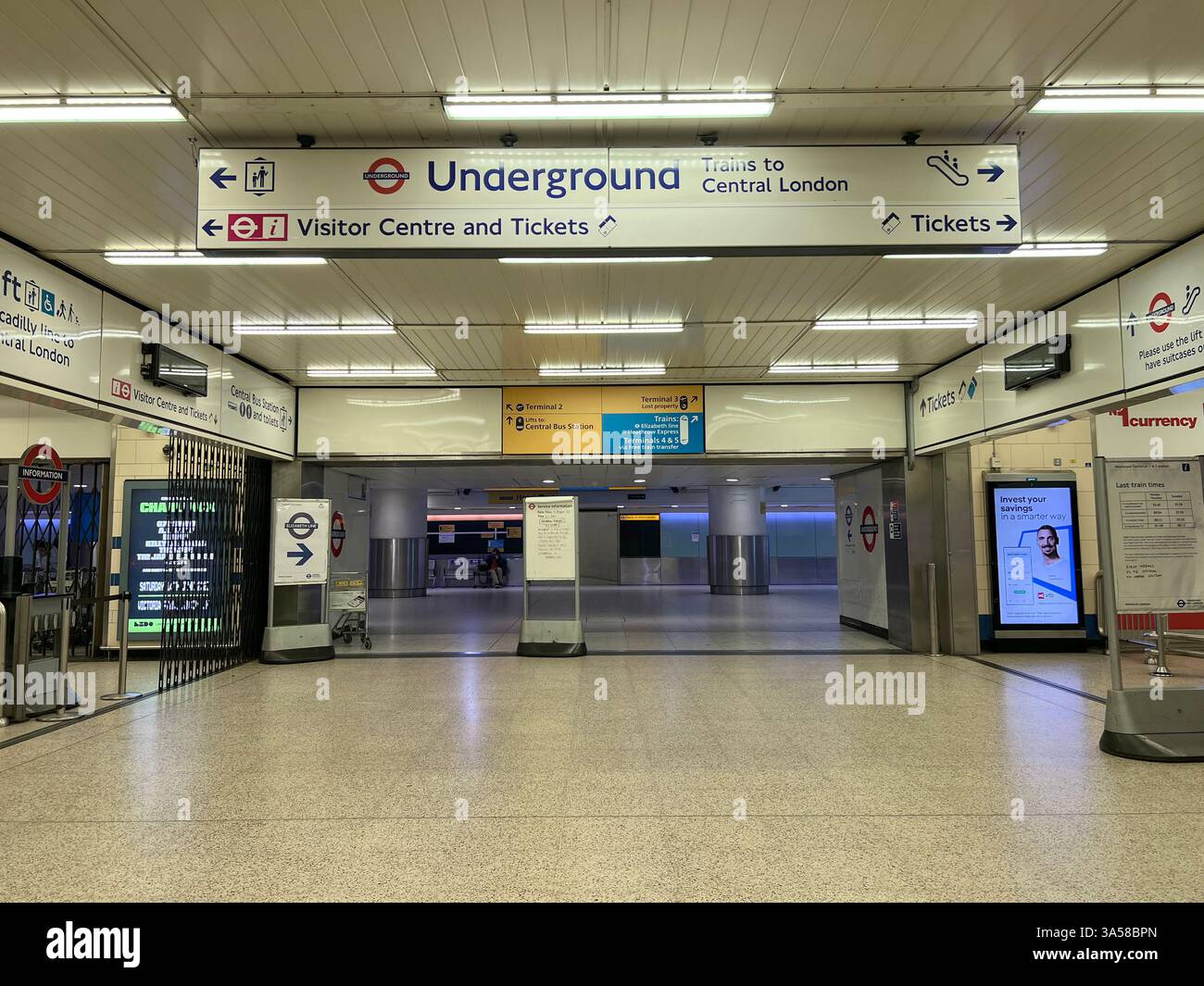 An empty tube station at Heathrow Airport in London. British Airways ...