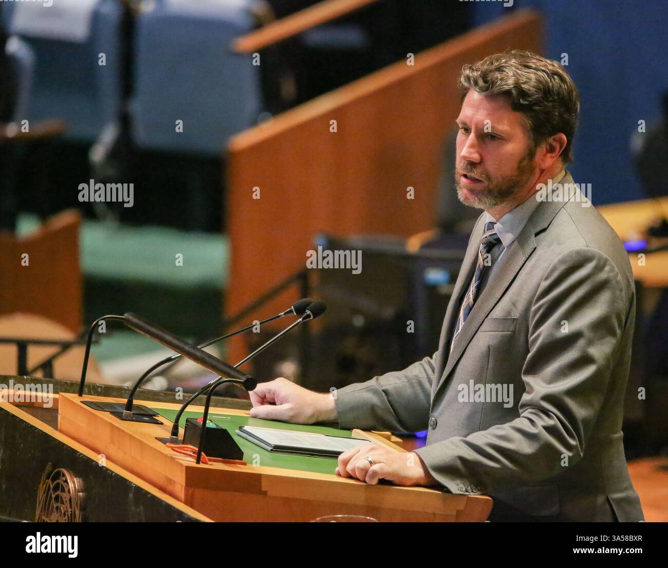 March 21, 2025, New York, New York, USA: A Representative of South Africa speaks in the General ...