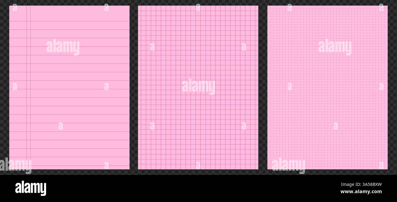 Set of notebook pages with lined and grid patterns. Vector background ...
