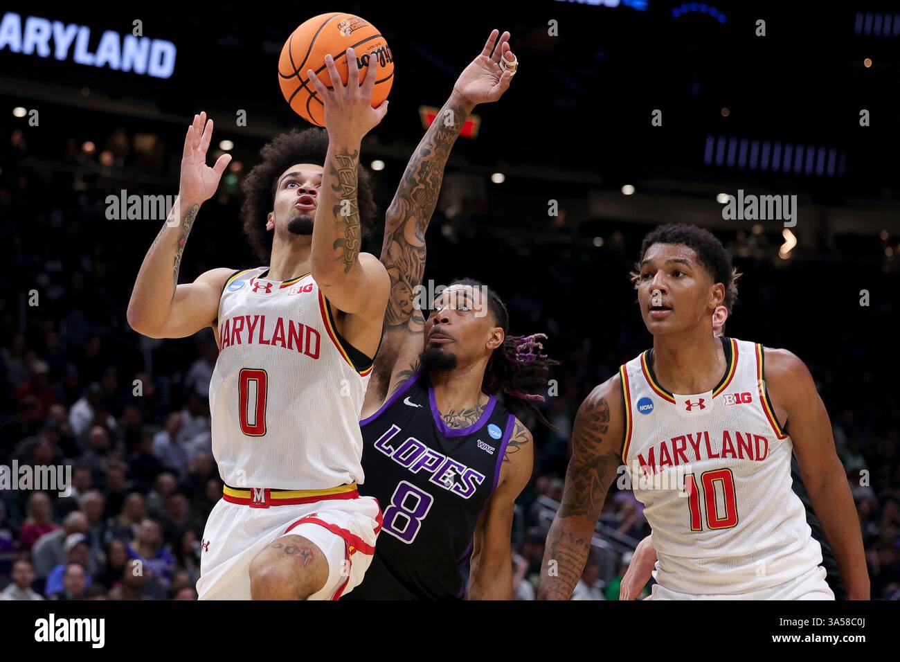 Maryland guard Ja'Kobi Gillespie, left, drives past Grand Canyon guard ...