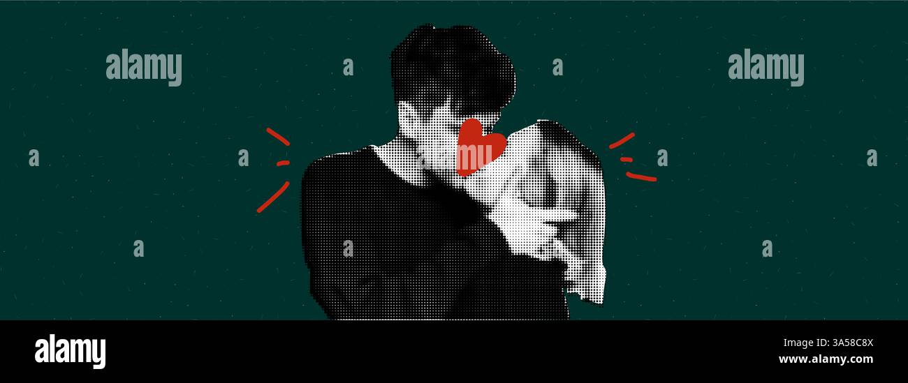 Collage halftone banner with couple in love. Minimalist vector postcard ...