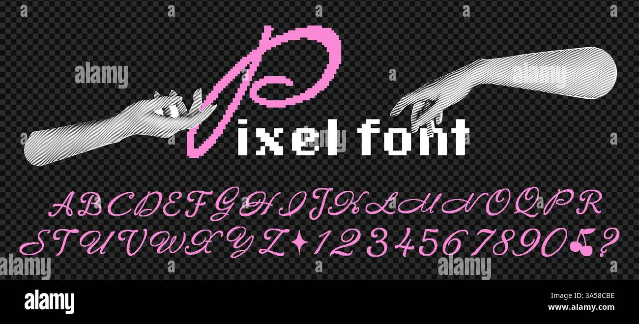 Pixel pink font set in 8-bit retro style with alphabet and numbers at ...