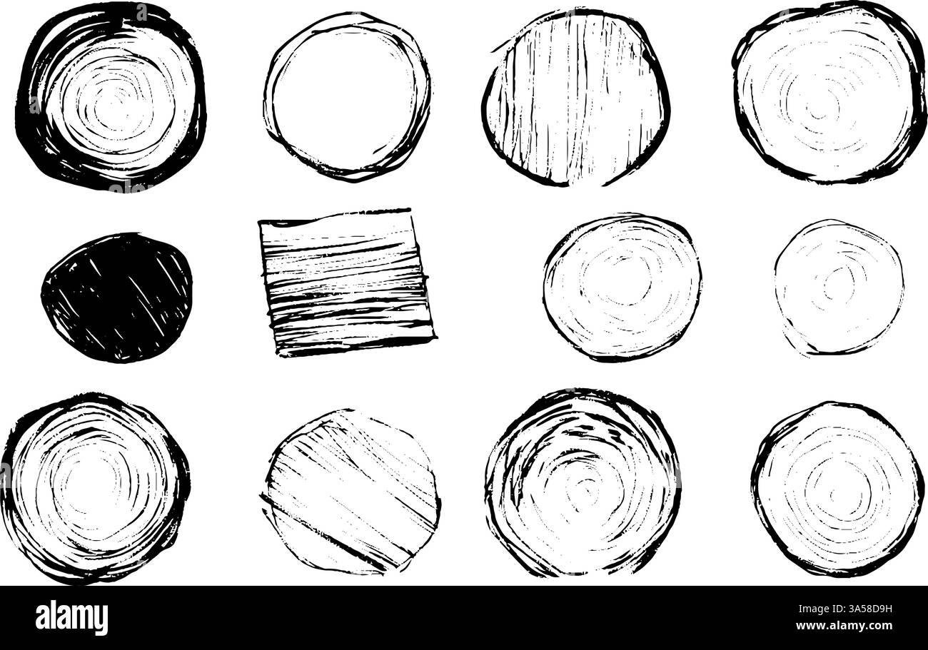 A collection of hand-drawn circular shapes in various styles, including ...