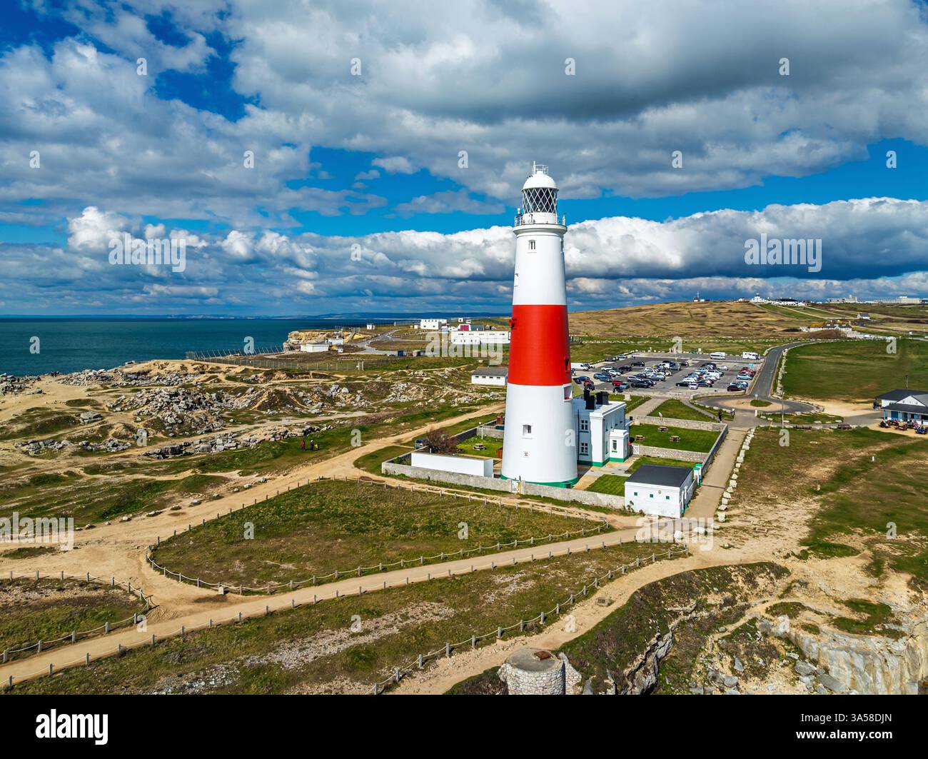 Portland Bill Lighthouse from a drone, Portland Bill, Isle of Portland ...