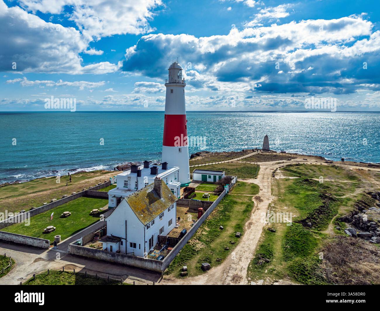 Portland Bill Lighthouse from a drone, Portland Bill, Isle of Portland ...