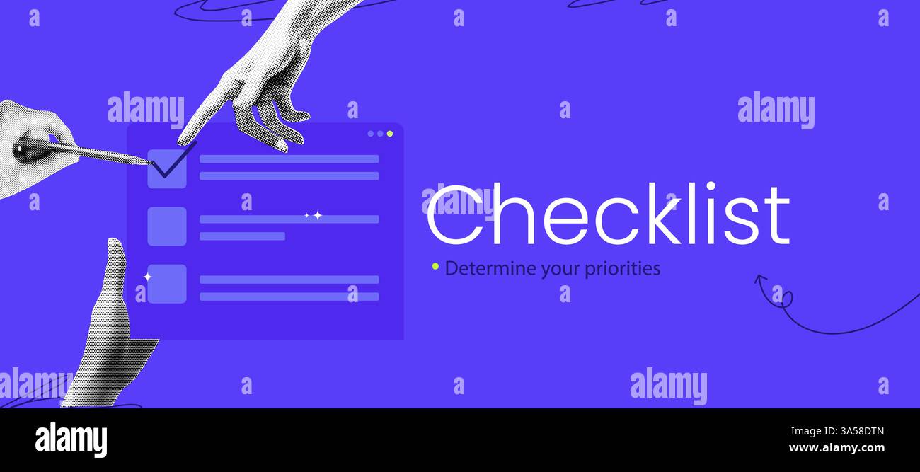 Checklist Banner Collage with Halftone Hand and Pencil. Vintage Pop Art ...