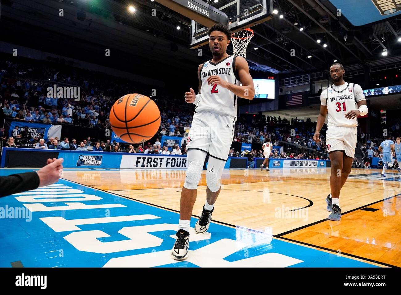 San Diego State guard Nick Boyd (2) chases a loose ball during a First Four college basketball ...