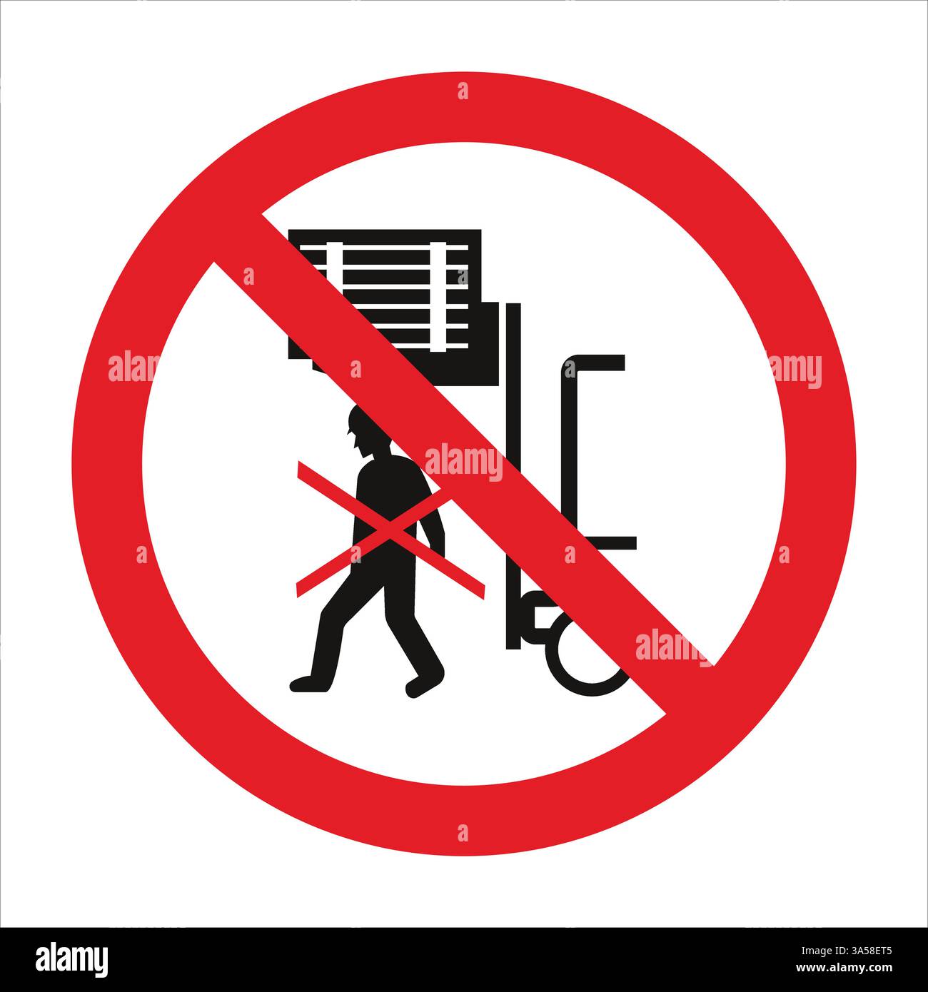 Red prohibition sign isolating forklift truck carrying load and walking ...