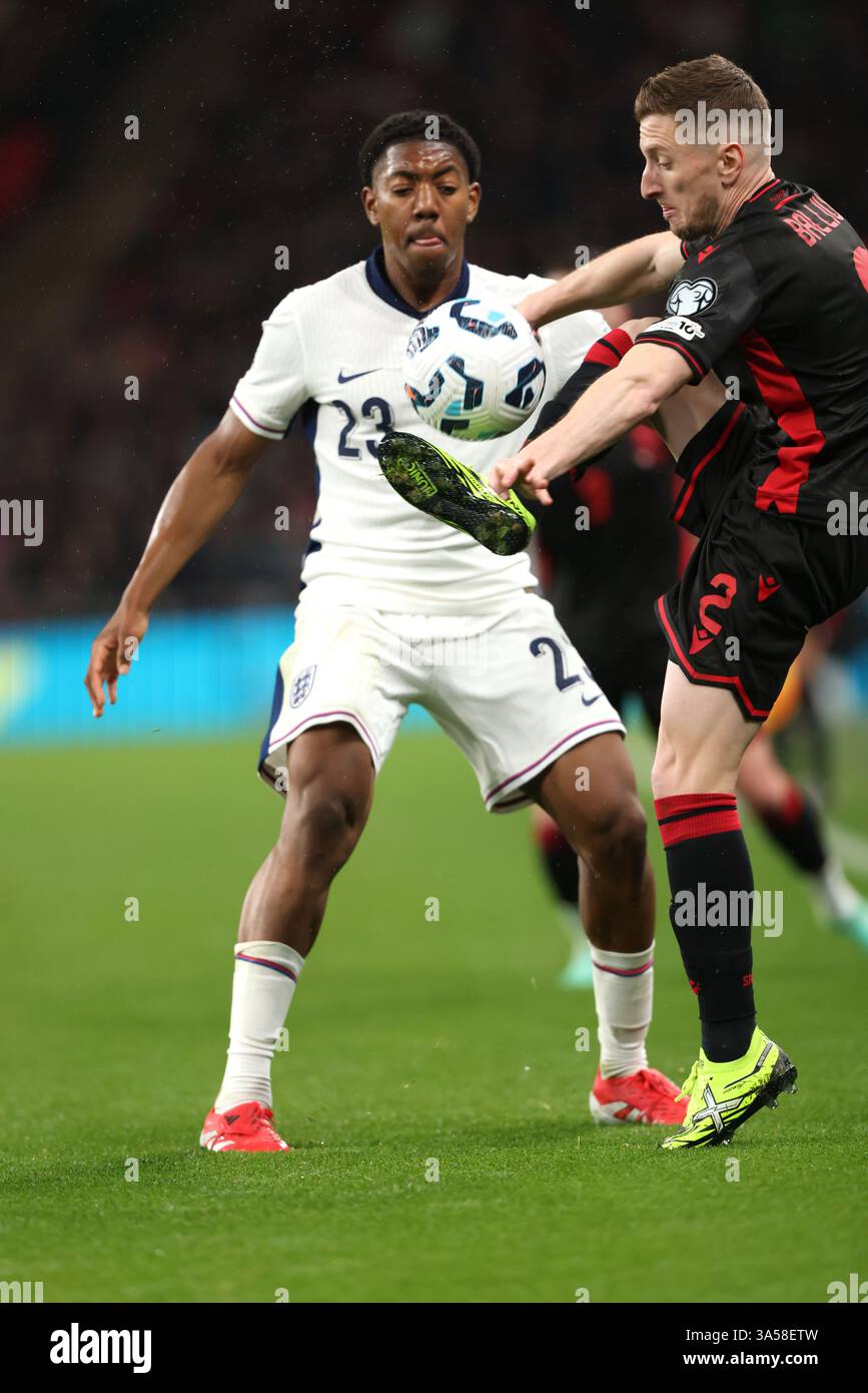 London, UK. 21st Mar, 2025. Myles Lewis-Skelly (E) Ivan Balliu (A) at ...