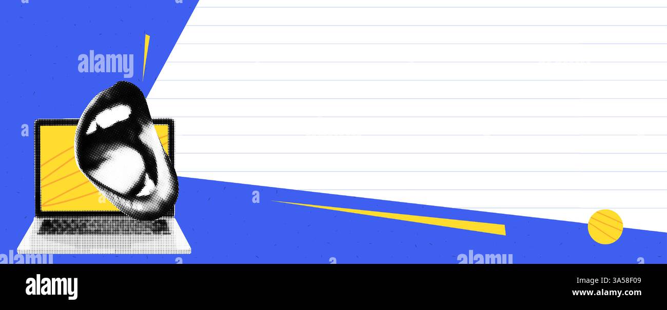 Collage art. Laptop screen with scream womans mouth. Crazy sale concept ...