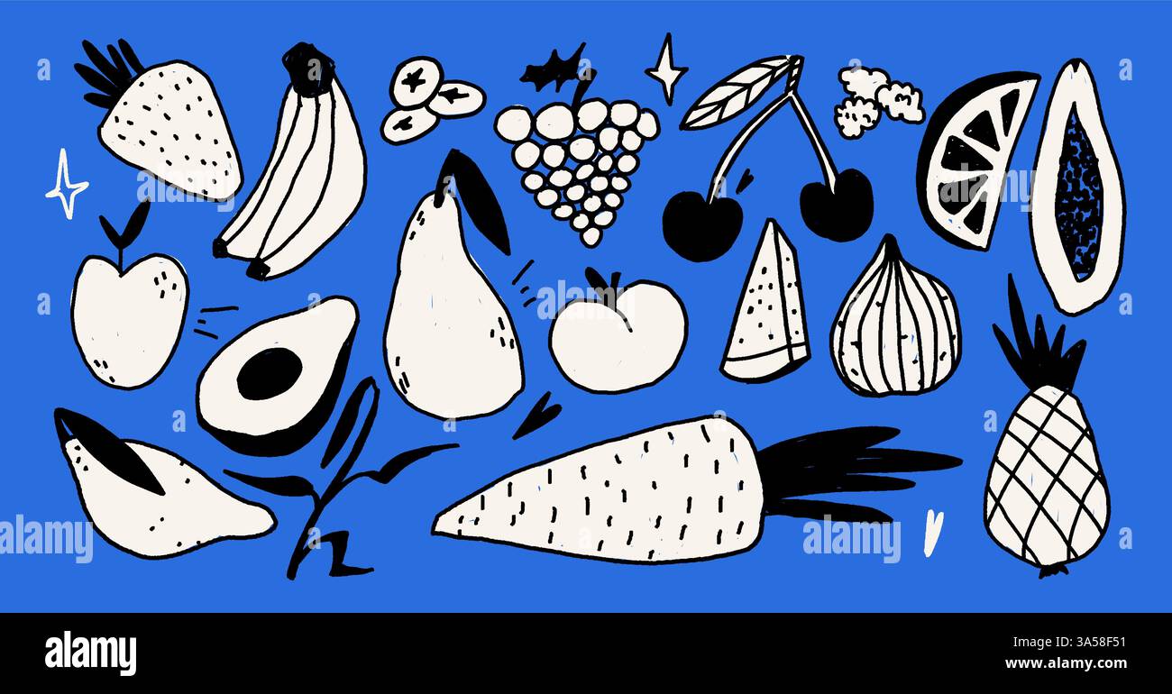 Set of scribble fruits doodles at the trendy handdrawn style with ...