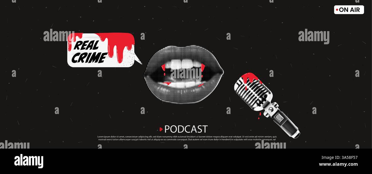 Banner for a true crime podcast theme. Open mouth with vampire teeth ...