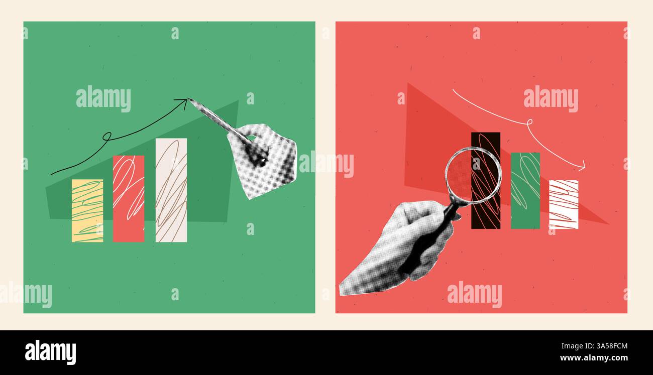 Set of Two square illustration of the theme of finance. Down and up ...