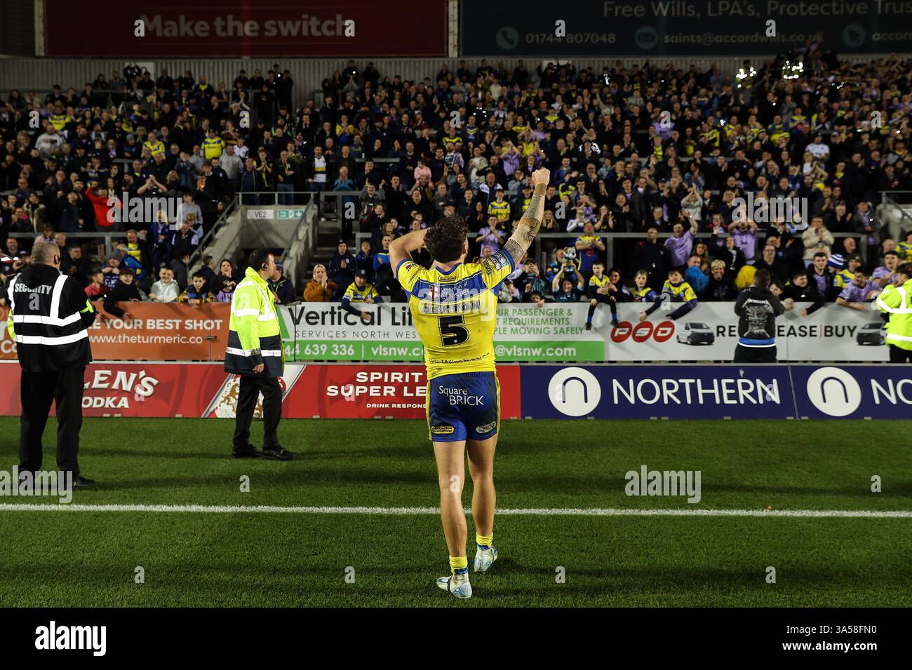 Matty Ashton of Warrington Wolves celebrates his teams win after the ...